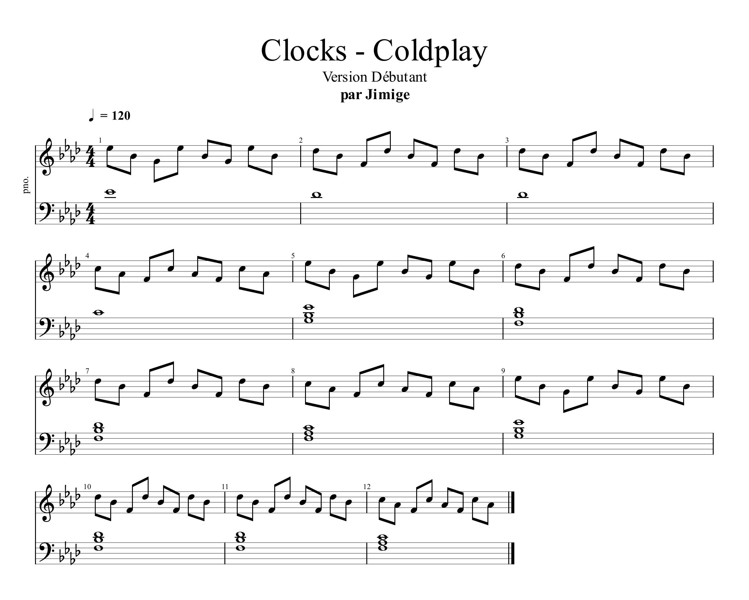 Partition Piano pour débutant de Clocks - Coldplay - FireTeaM.Fr